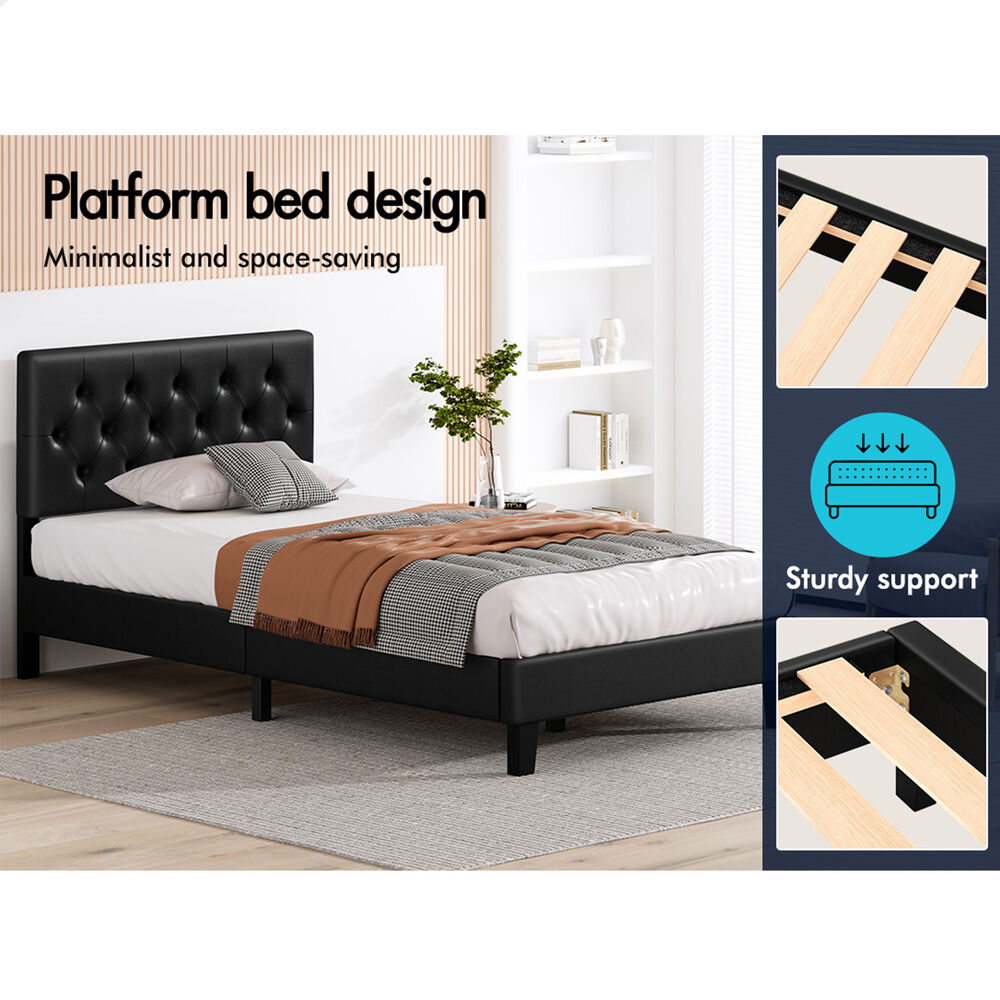 ALFORDSON Bed Frame Single Size Tufted Headboard Modern Leather Black ...